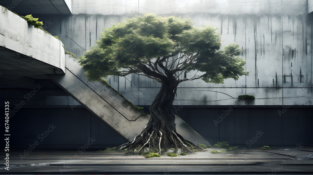 Techno-organic tree growing through a concrete structure, cyberpunk ...