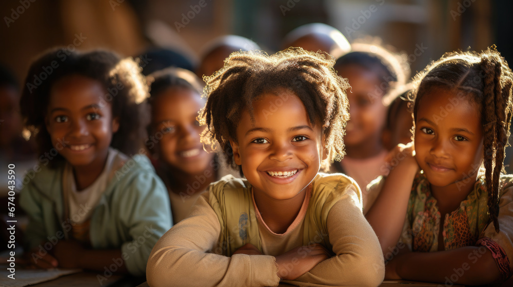 dark-skinned African student at a desk in a school class raises his ...