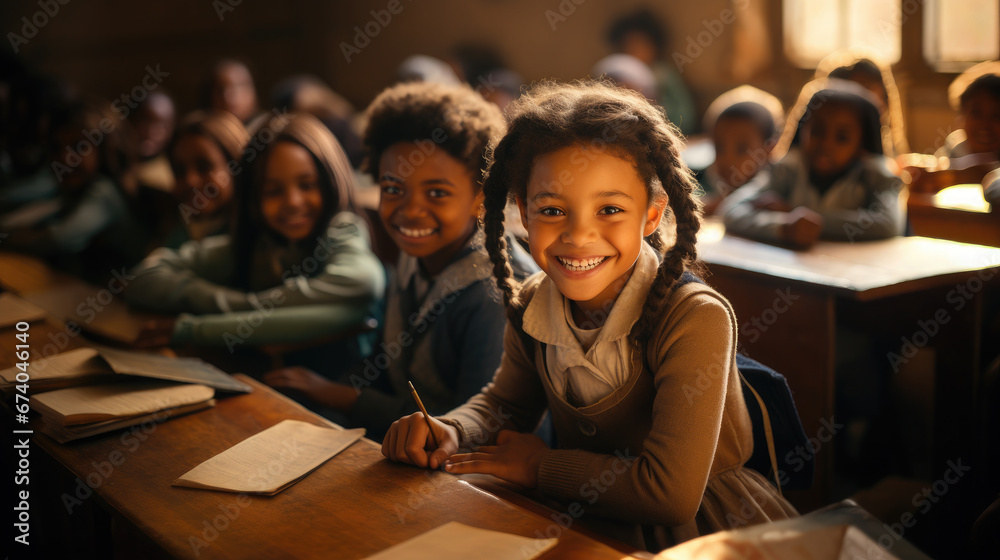 dark-skinned African student at a desk in a school class raises his ...