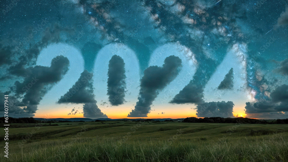 New Year, 2024, image of a starry day sky above a peaceful countryside ...