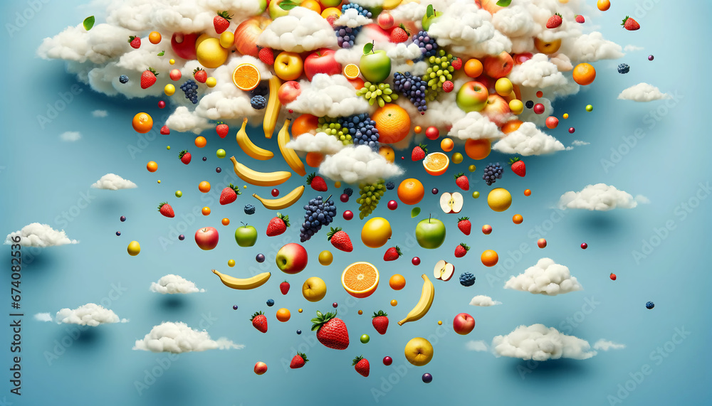 An array of different fruits falling from a cloud like a gentle shower ...