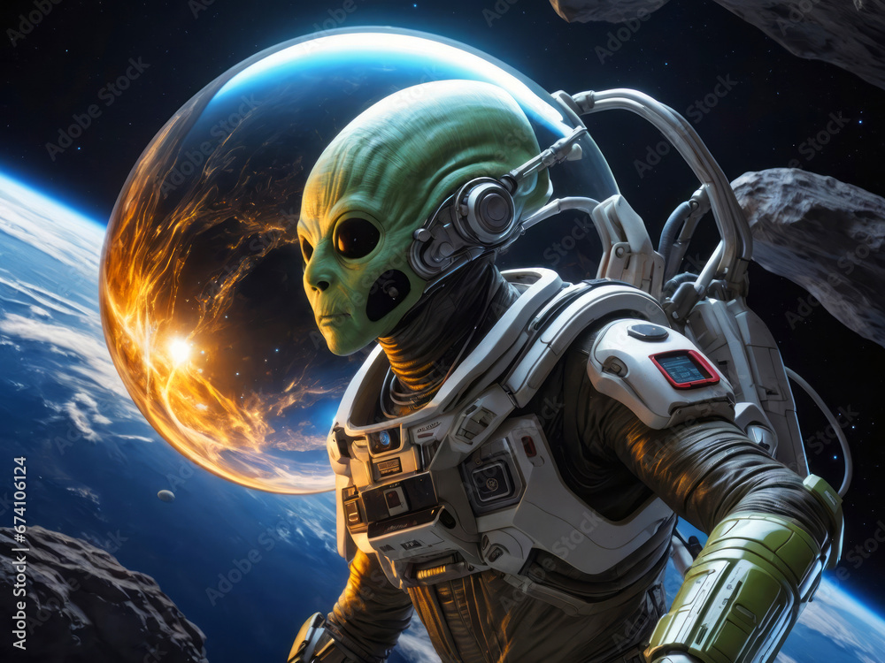 An alien floats above Earth in his spacesuit. Stock Illustration ...