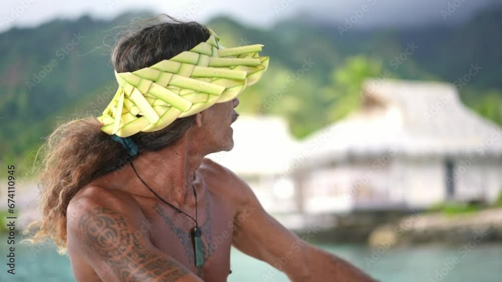 traditional tour guide man on Polynesian island tour in Tahiti. Bora ...