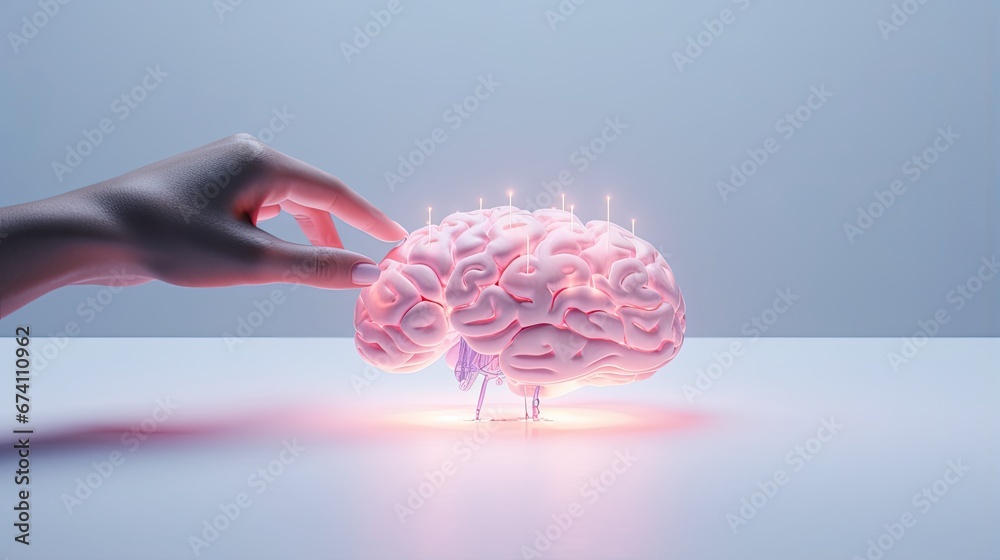 The concept of artificial intelligence. The hand presses the button. An ...