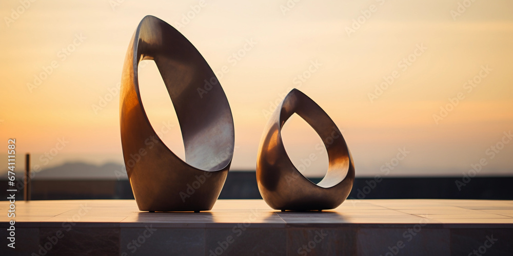 Abstract metal sculpture of two shapes leaning against each other for ...