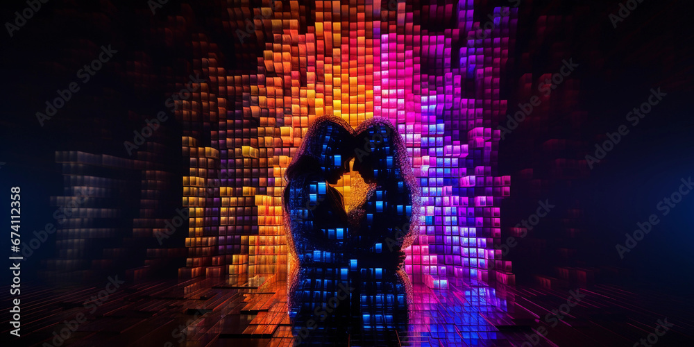 Friendship in the digital age, abstract pixel art of two avatars ...