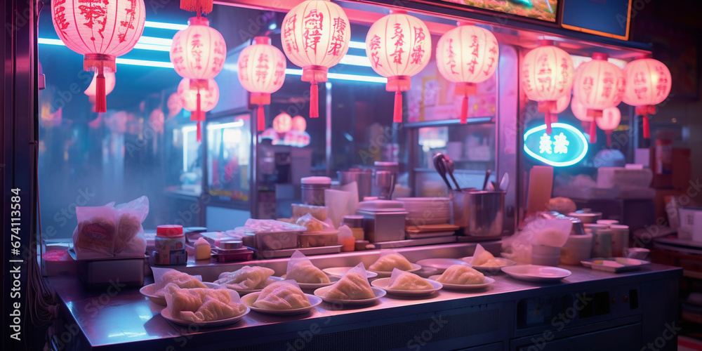 Vaporwave aesthetics, Chinese dumpling stand illuminated by neon lights ...
