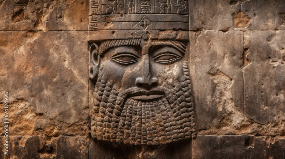 Babylonian wall art, face of king carved in old stone in Mesopotamia ...
