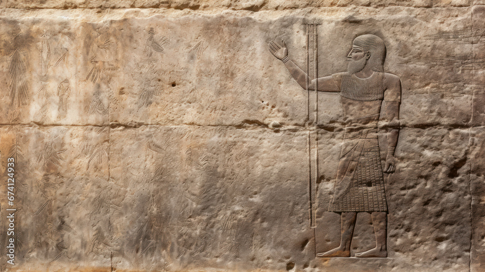 Sumerian wall art background, relief of warrior carved in stone in ...