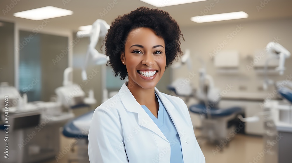 First class oral hygiene: An African-American female dentist confident ...