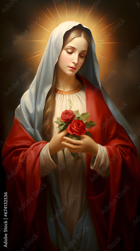Nativity Scene - The Blessed Virgin Mary with a red rose in her hands ...