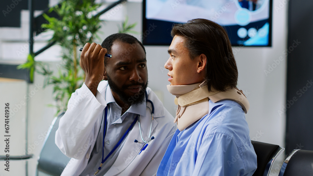 Doctor checking patient eye vision during checkup visit consultation in ...