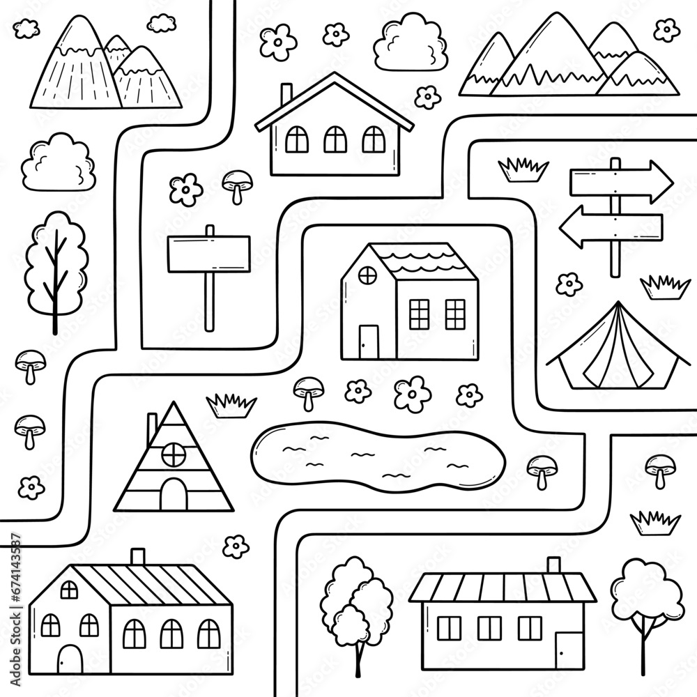 Kids Camping Map Doodle Village Map With Mountains Forest Roads kids-camping-map-doodle-village-map-with-mountains-forest-roads