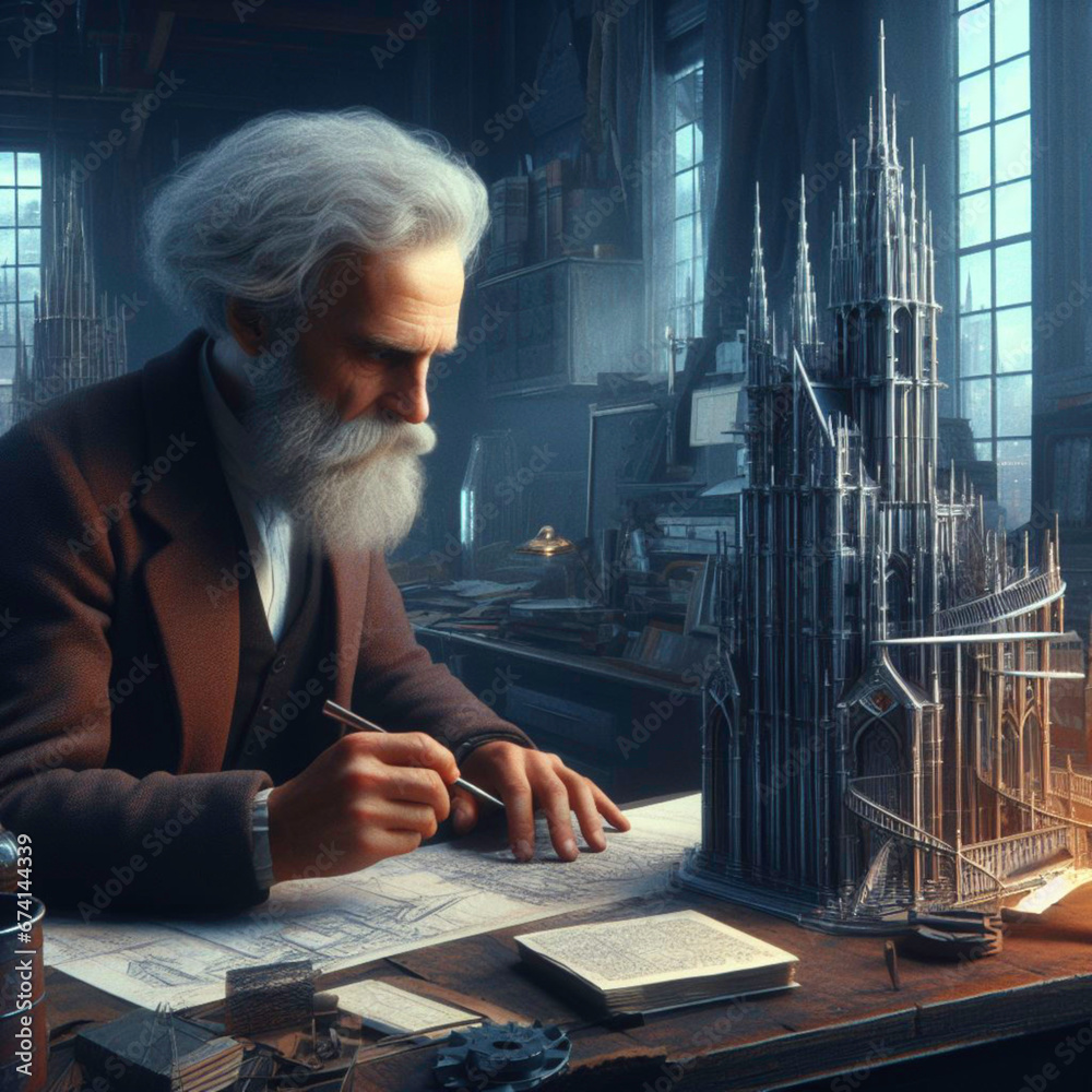 Elderly 19th century architect with beard and white hair designing a ...