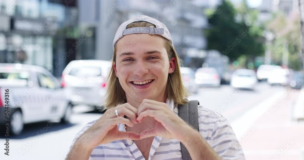 Heart, man and wink with love hands for motivation, support or thank ...