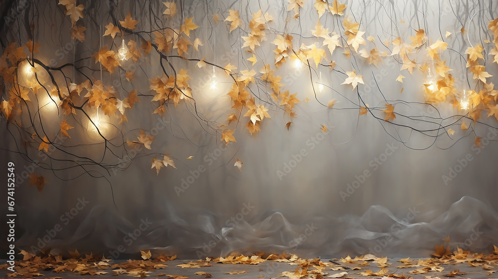 festive autumn background blank, the wall is decorated with yellow ...