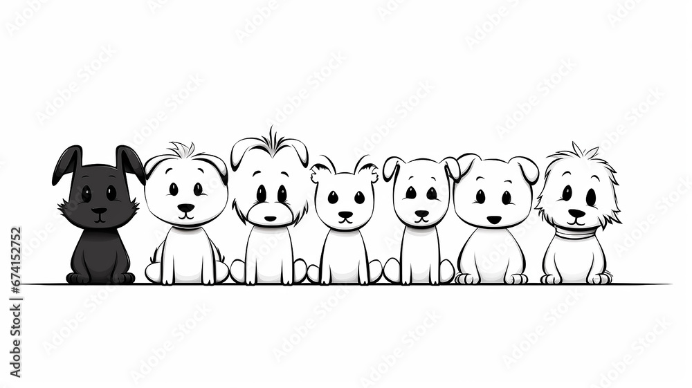 cartoon dogs sitting in a row isolated on a white background, sketch ...
