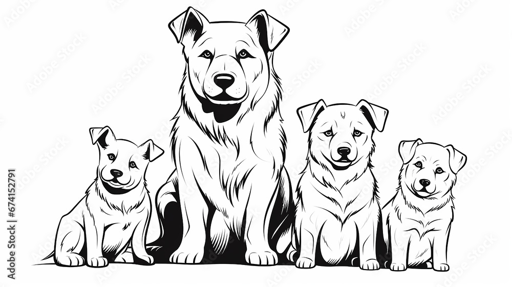 cartoon dogs sitting in a row isolated on a white background, sketch ...