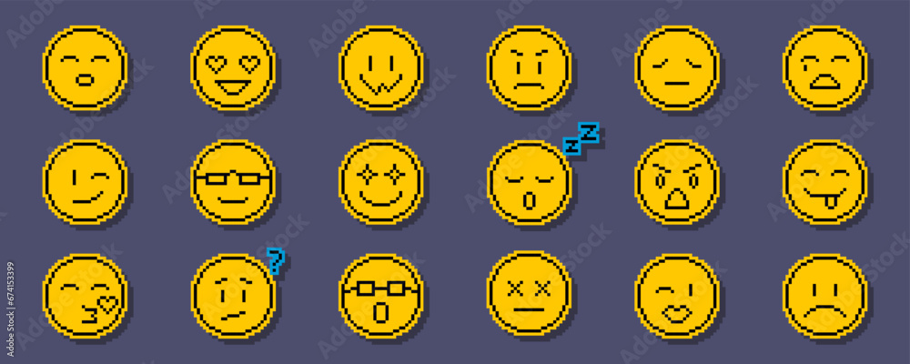 Pixel emoji smile pack. Various pixel art smiles with laugh or love ...