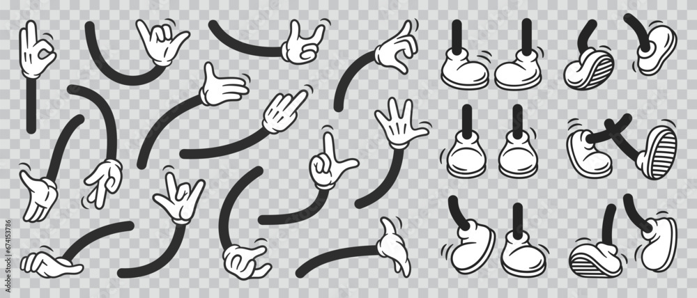 Vintage retro hands in gloves and feet in shoes. Comic retro feet and ...