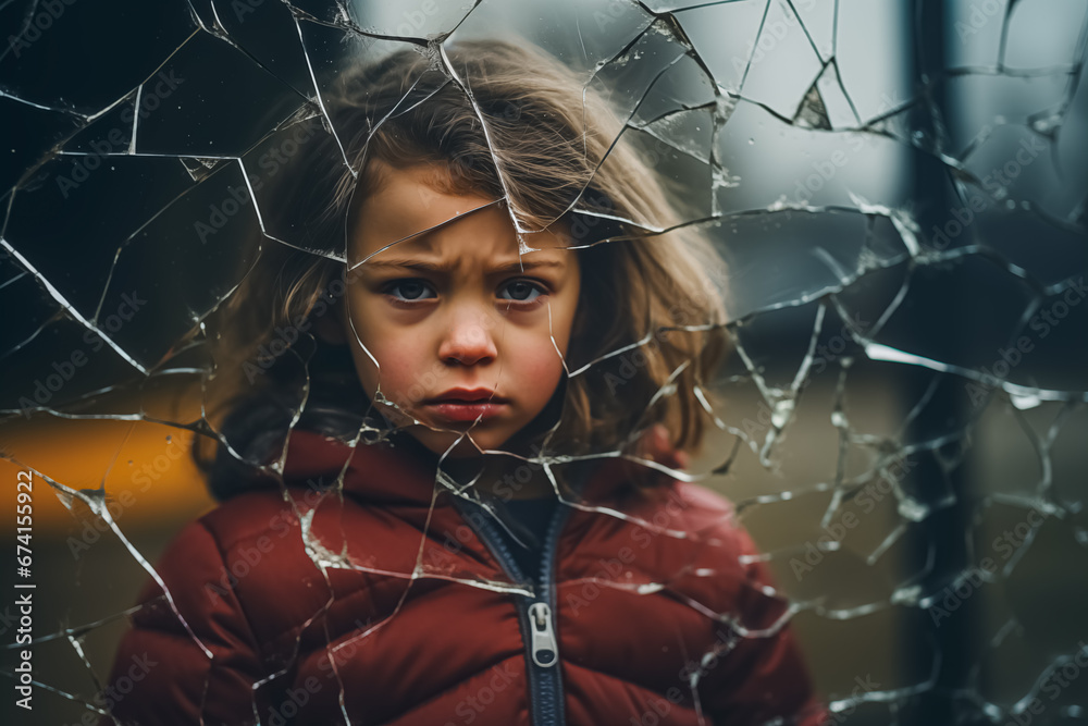 Sad little girl looking through broken glass, emotional stress ...
