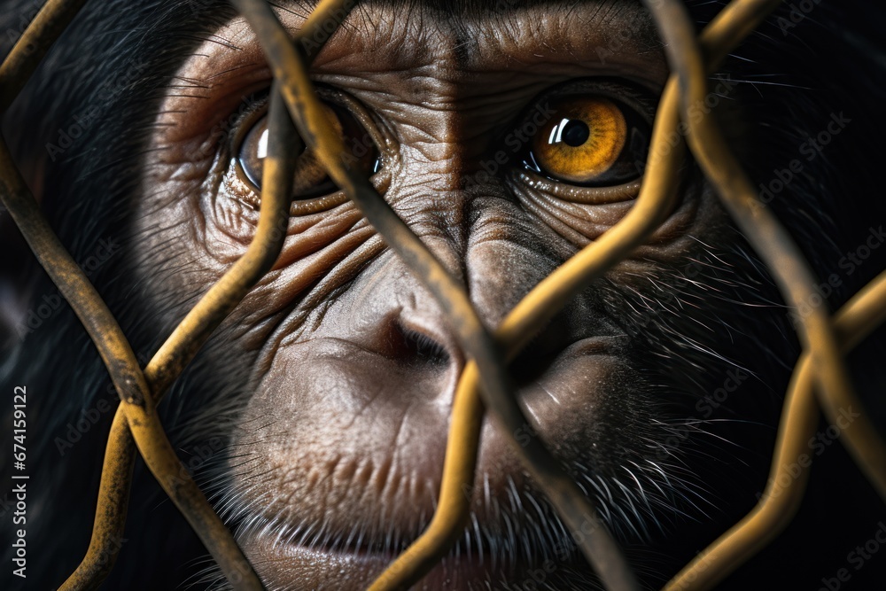 Unhappy Monkey locked in cage. Emaciated, skinny lonely gorilla in ...