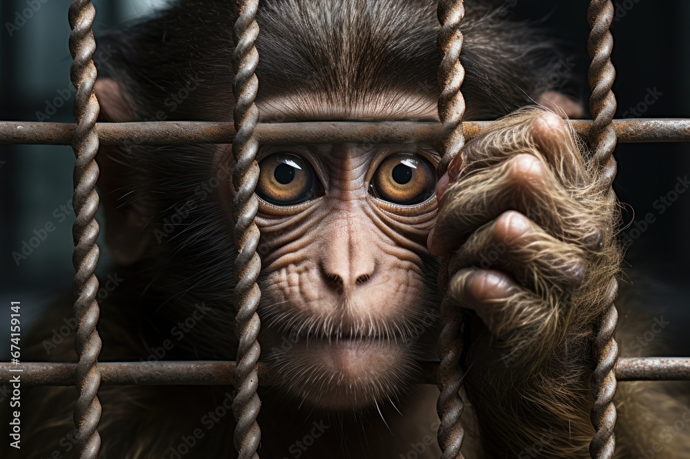 Unhappy Monkey locked in cage. Emaciated, skinny lonely chimpanzee in ...