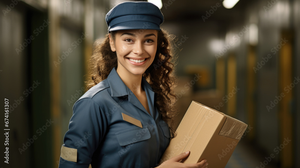 Friendly smiling woman in a postman's uniform with a parcel. Mail ...
