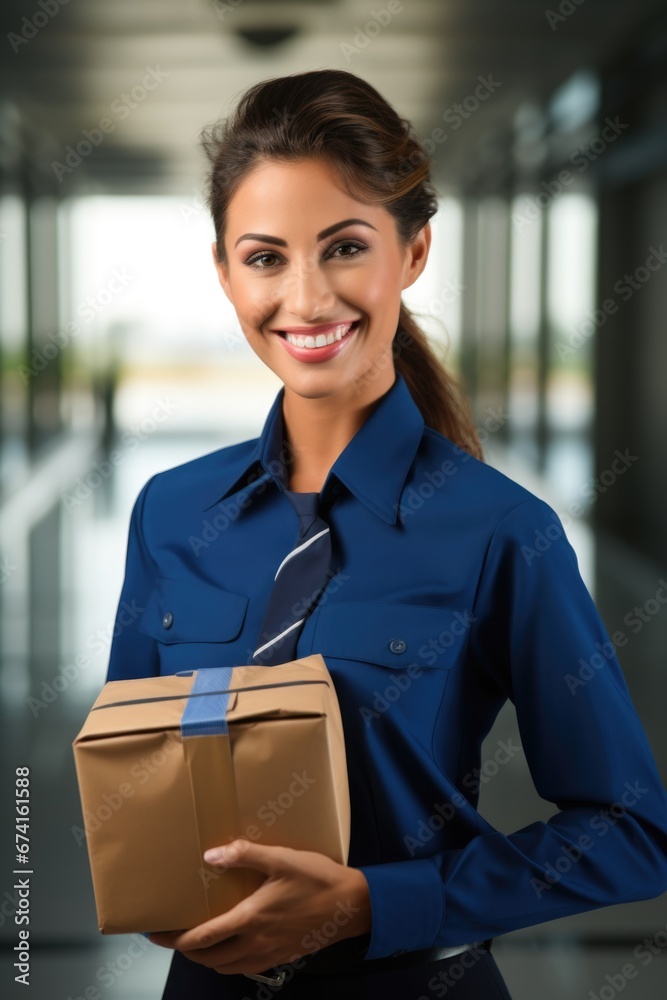 Friendly smiling woman in a postman's uniform with a parcel. Mail ...