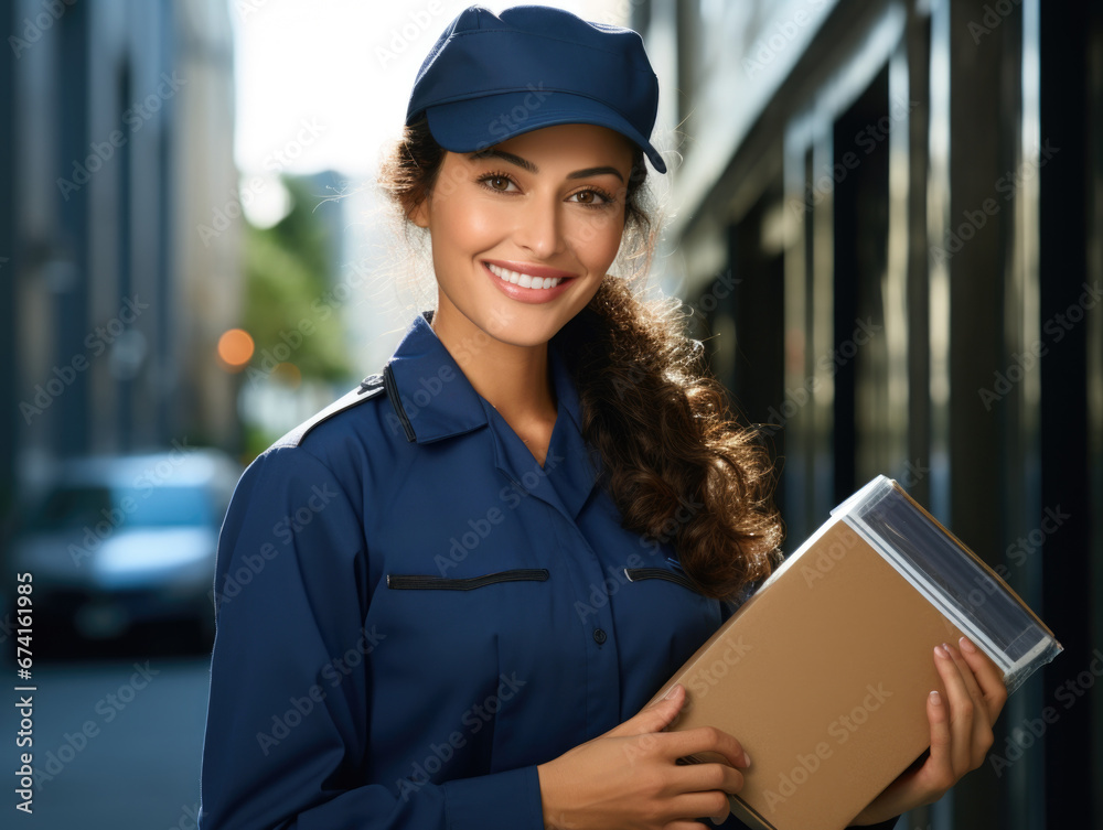 Friendly smiling woman in a postman's uniform with a parcel. Mail ...