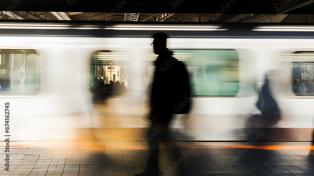 blurred train movements, a passenger in the flow of urban public ...