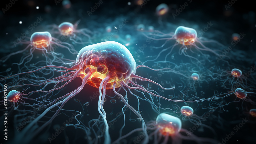 neurons under strong magnification, neural network live impulses ...