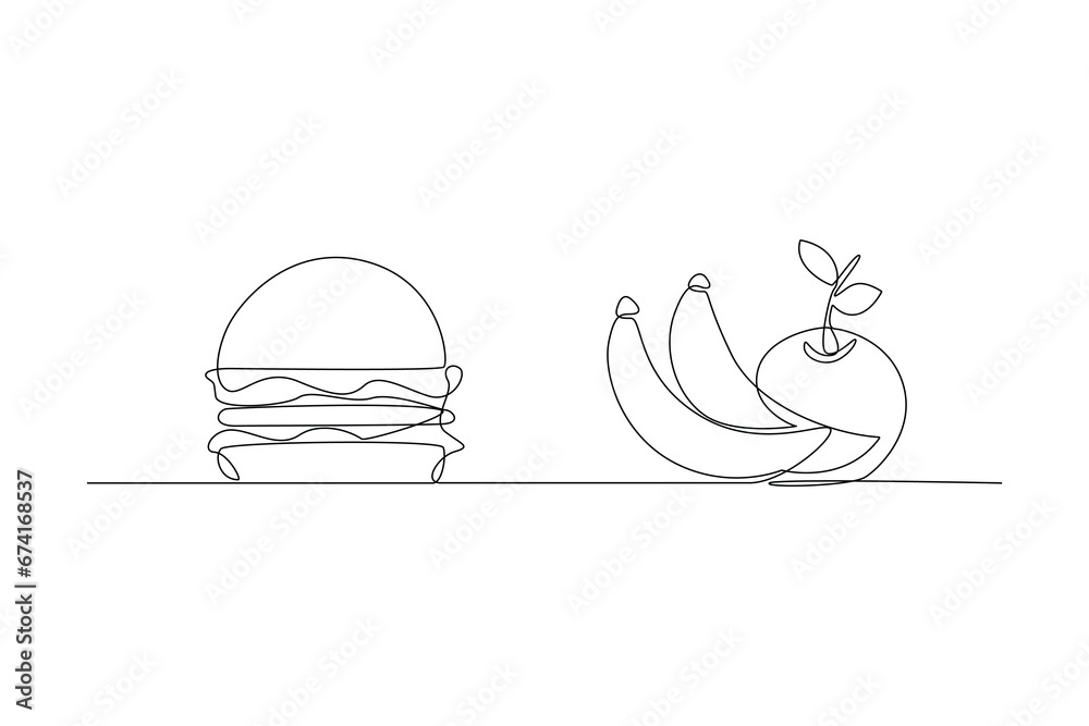 Continuous one line drawing Healthy vs unhealthy food. food nutrition ...