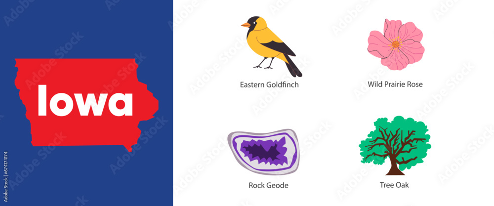 Iowa states with symbol icon of eastern goldfinch geode rose and oak ...