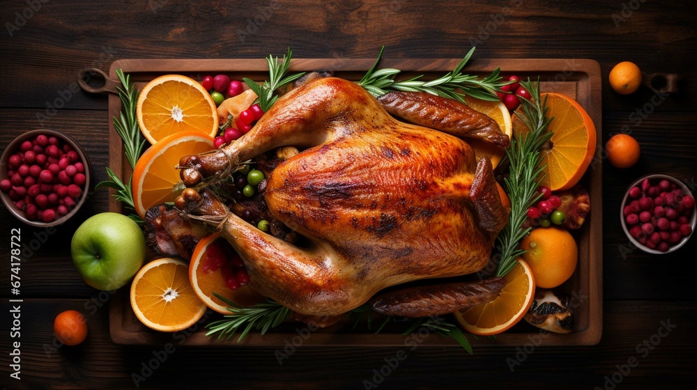 Thanksgiving whole roast turkey and citrus fruit on brown wood plank ...