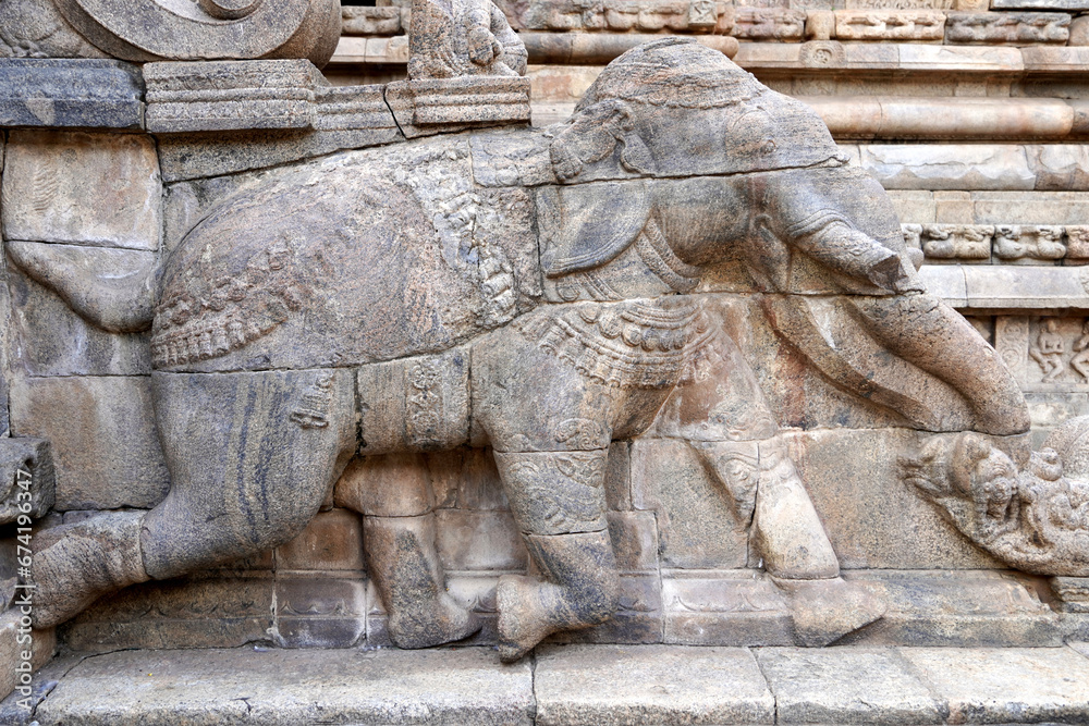 Elephant sculpture carved in staircase of a temple. Bas relief animal ...