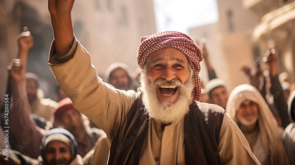 Picture of an old and rich Arab man in the city of Babylon, around him ...