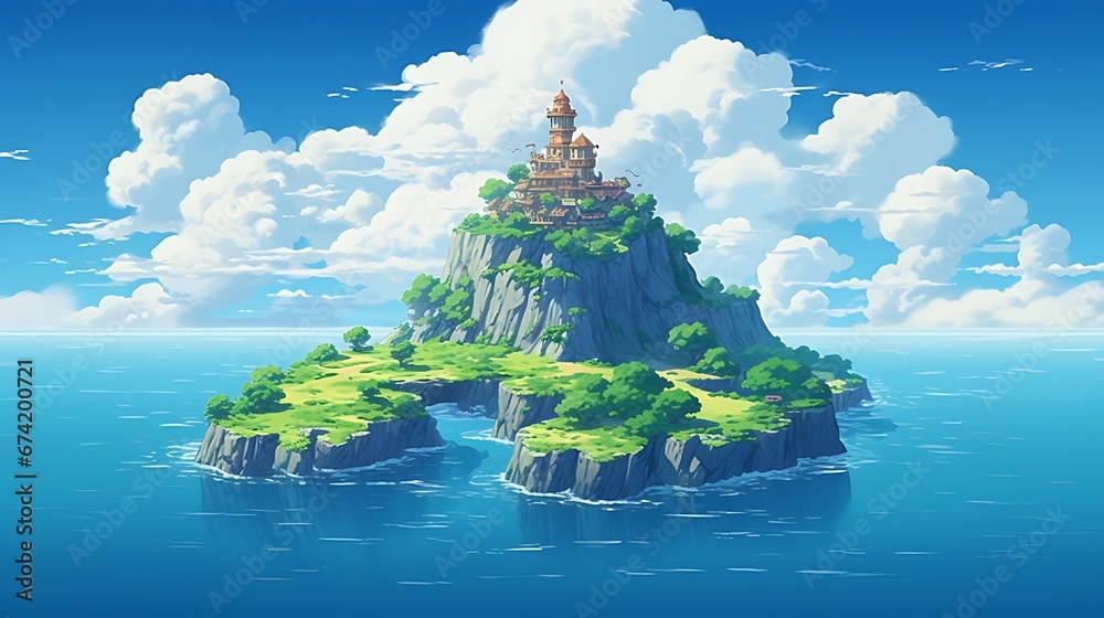 16 bit pixel art, island in the clouds, by studio ghibli, cinematic ...
