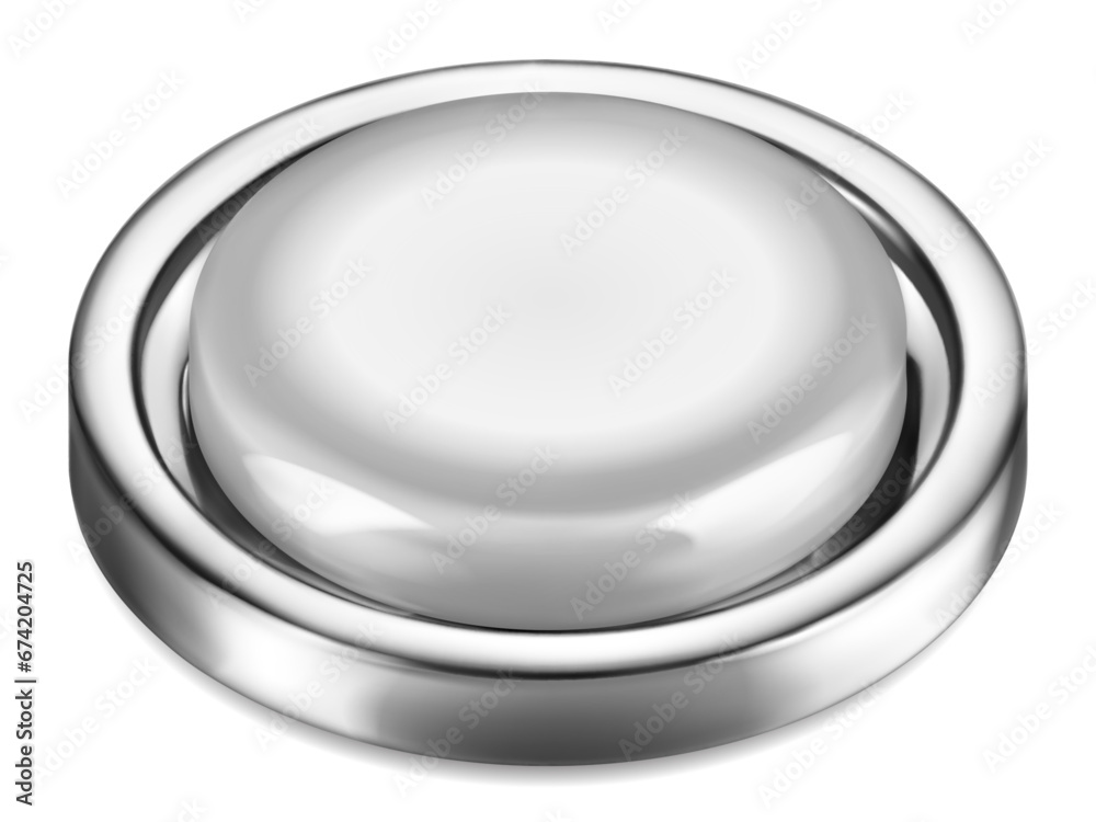 Realistic big white plastic button with shiny metallic border on white ...