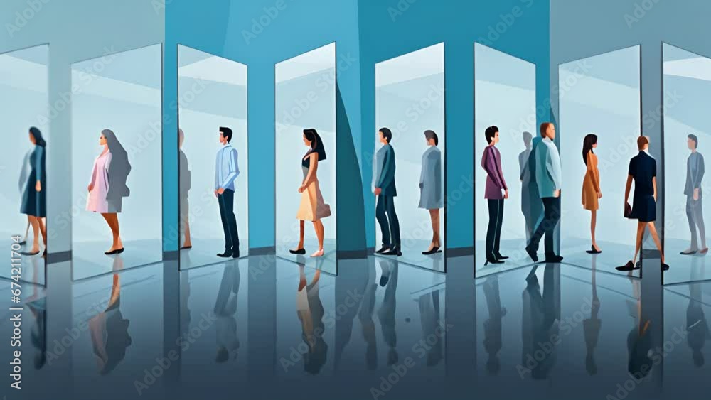 The protagonists cartoon avatar walks through a hall of mirrors, each ...