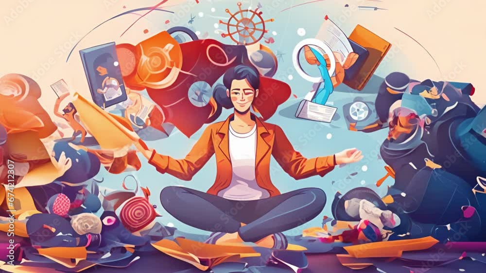 A character is shown juggling multiple responsibilities and tasks ...