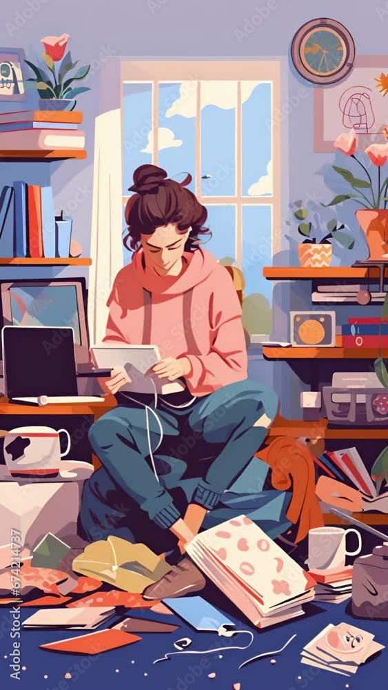 A character is shown sitting in a messy room, with piles of clutter ...
