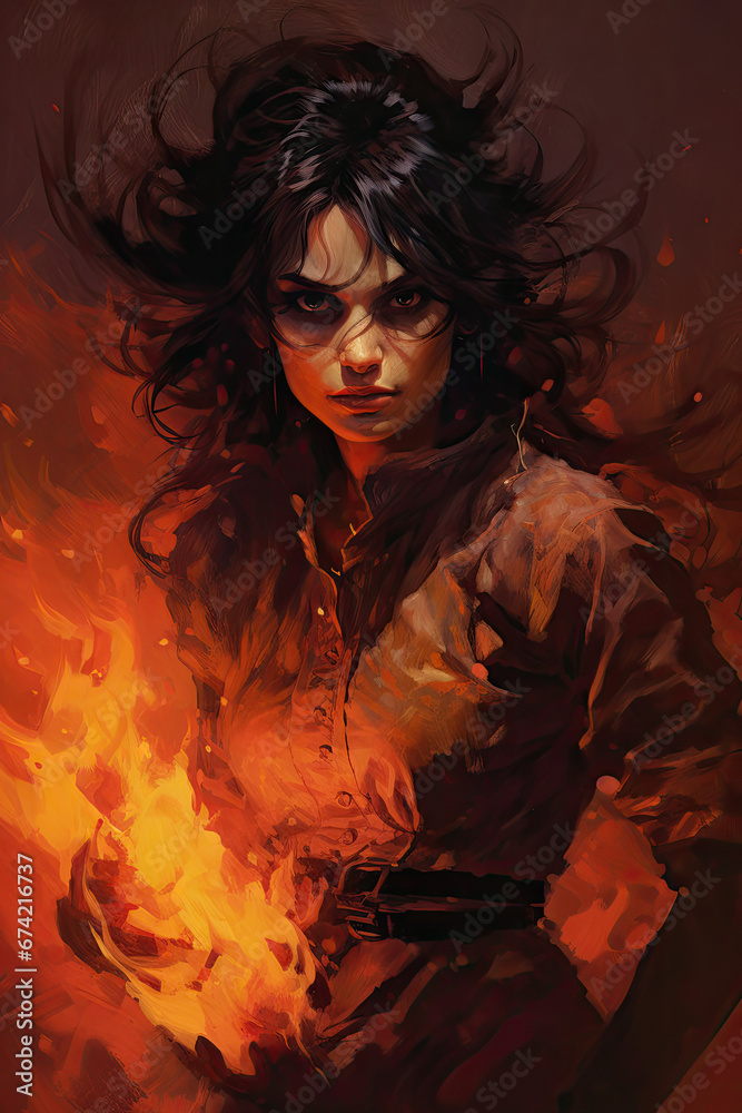 Female Demonologist in Fiery Abyss, Dark Medieval Fantasy, Old School ...