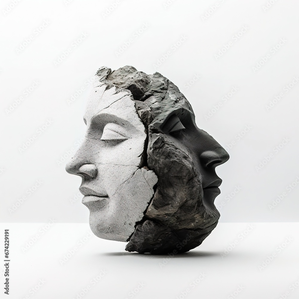 A single rough rock with two carved faces, half is white and the other ...