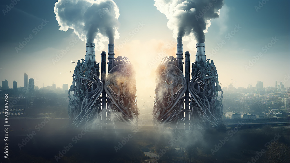 carbon footprint, smoke pollution of the atmosphere, pipes with smoke ...