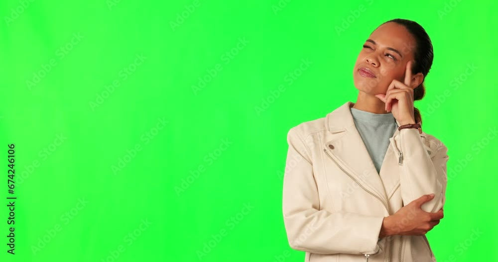 Thinking, green screen and woman in studio with mockup space for ...