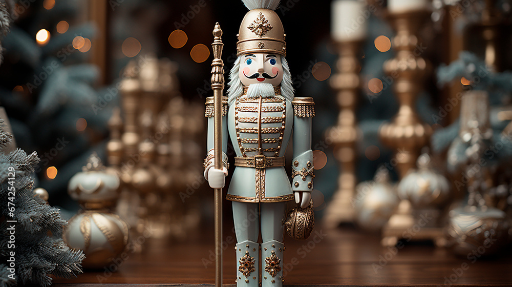 Cute white and gold wooden nutcracker, on a Christmas background, full ...