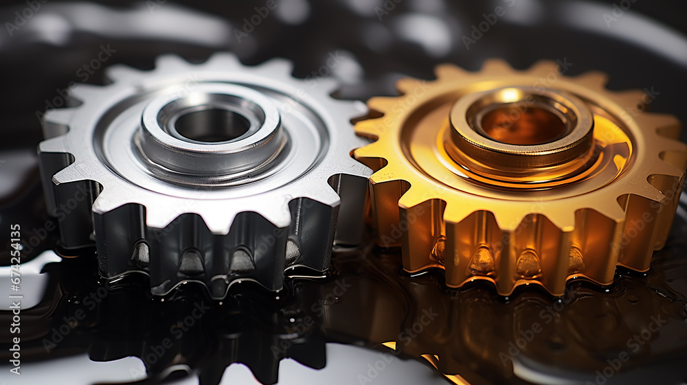 metal gears in gold grease, abstract background new mechanism ...