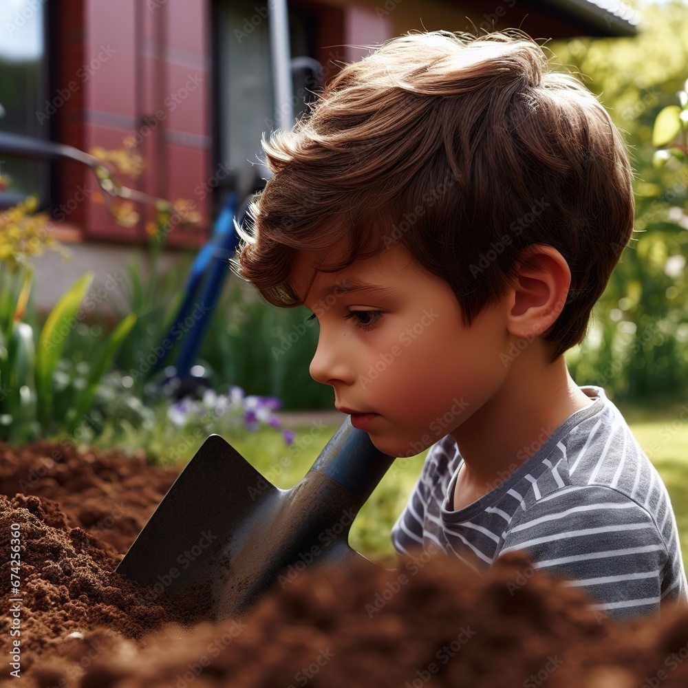 Child using a shovel on garder for working concept Stock Photo | Adobe ...