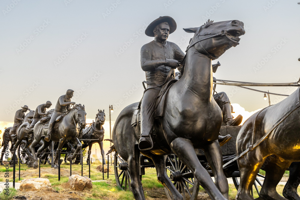 Oklahoma City, USA - October 25th, 2023: Paul Moore depict the Land Run ...